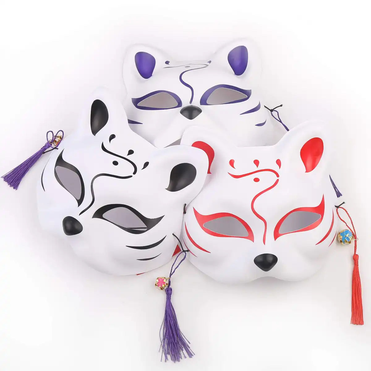 Lopika White Fox Half Face Mask with Bell Set of 3 Kitsune Masks
